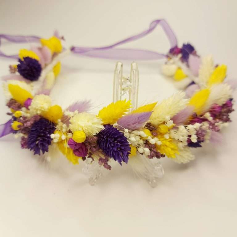 Coronita din flori uscate, alb/galben/mov - AMB205006 - 23h Events® 🥇