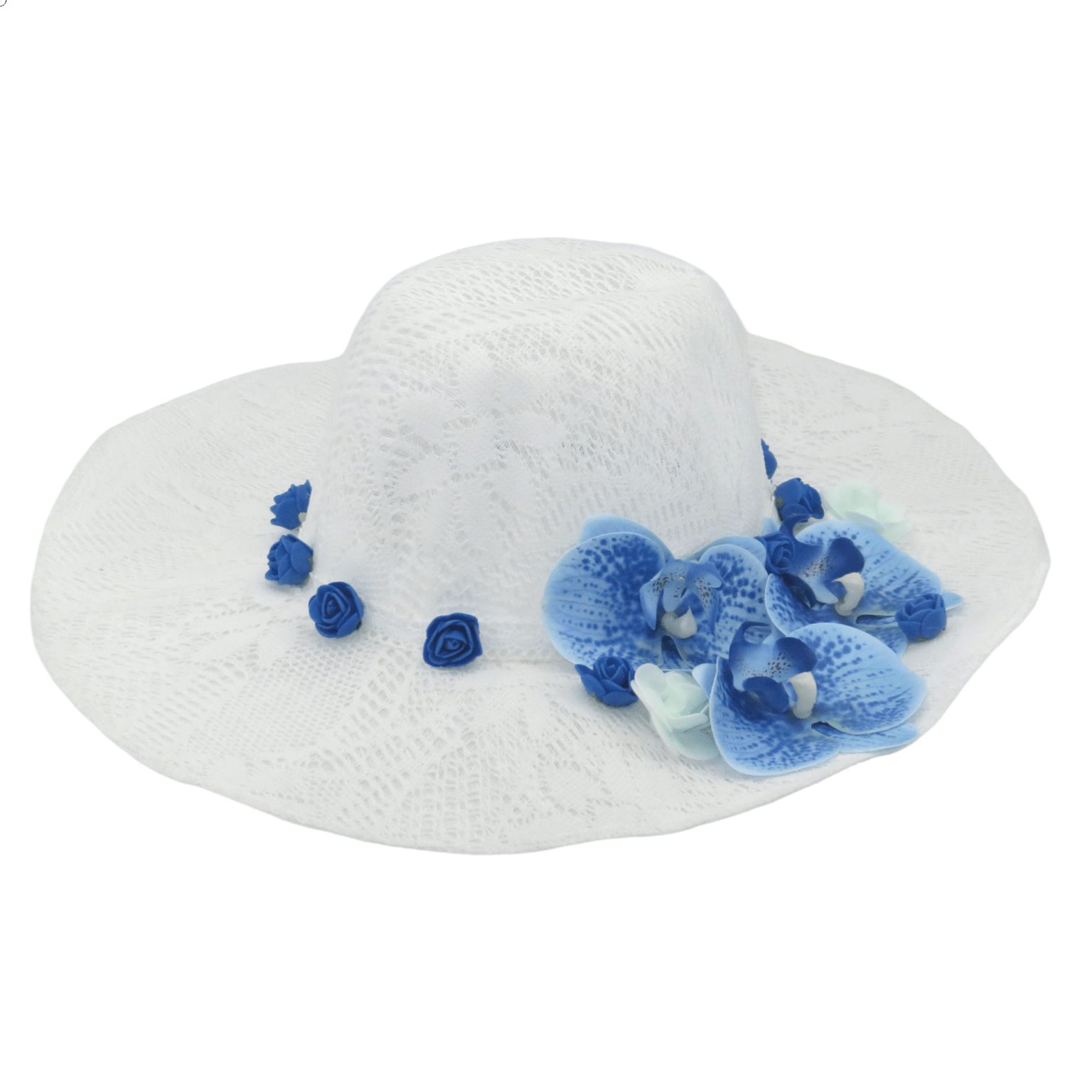 Palarie pentru dezgatitul miresei, alba cu orhidee albastra ...