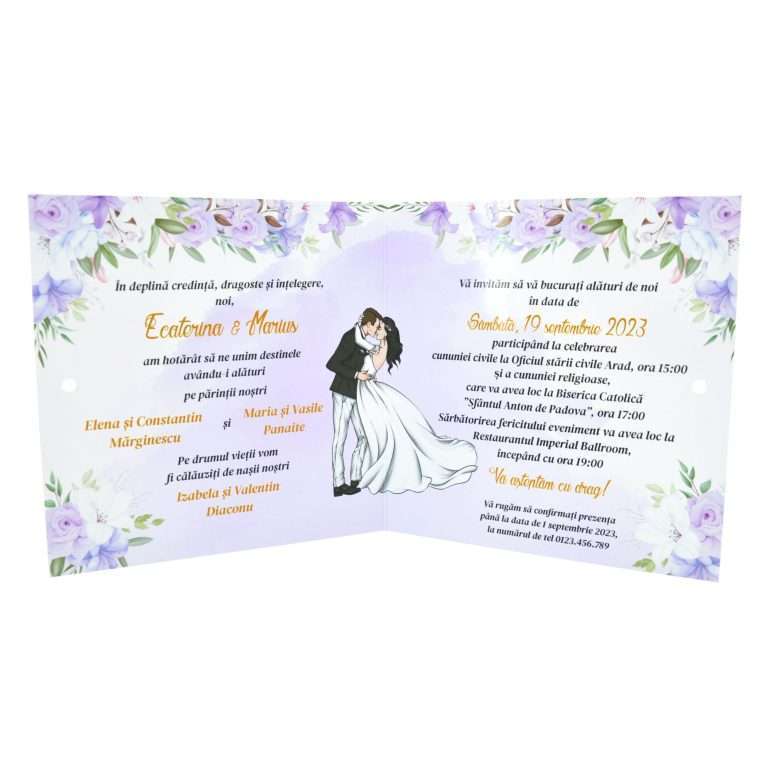 Invitatie nunta model Card, cu fundita si design floral mov-lila, model ...