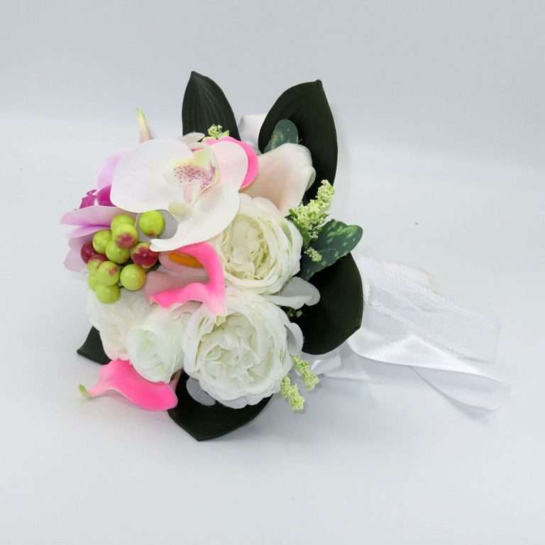 Buchet mireasa din flori de matase, cale si orhidee, alb - ILIF209010 ...