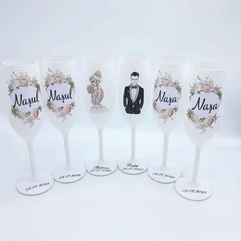 Set 6 pahare nunta personalizate pentru miri si 2 perechi de nasi ...