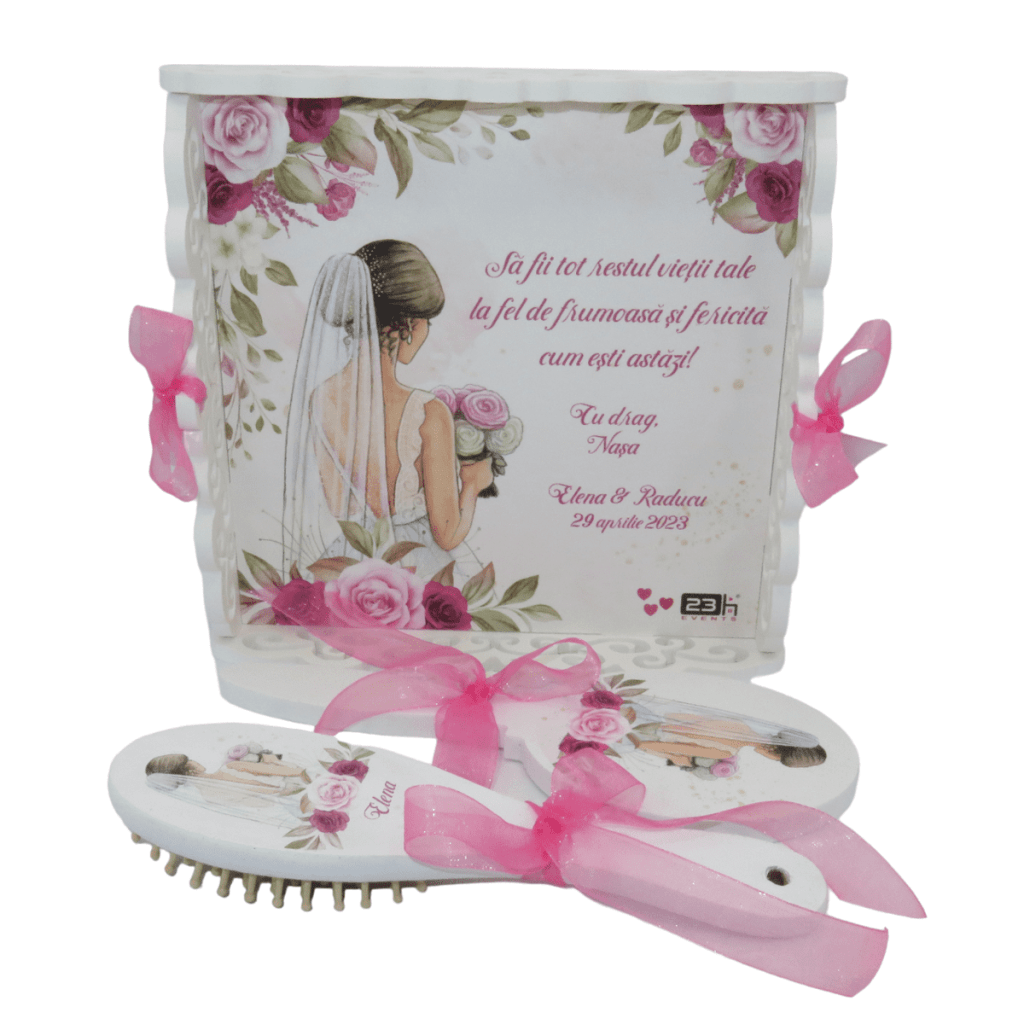 Set gatit mireasa, Roz, personalizat, tavita dantelata, 3 piese ...