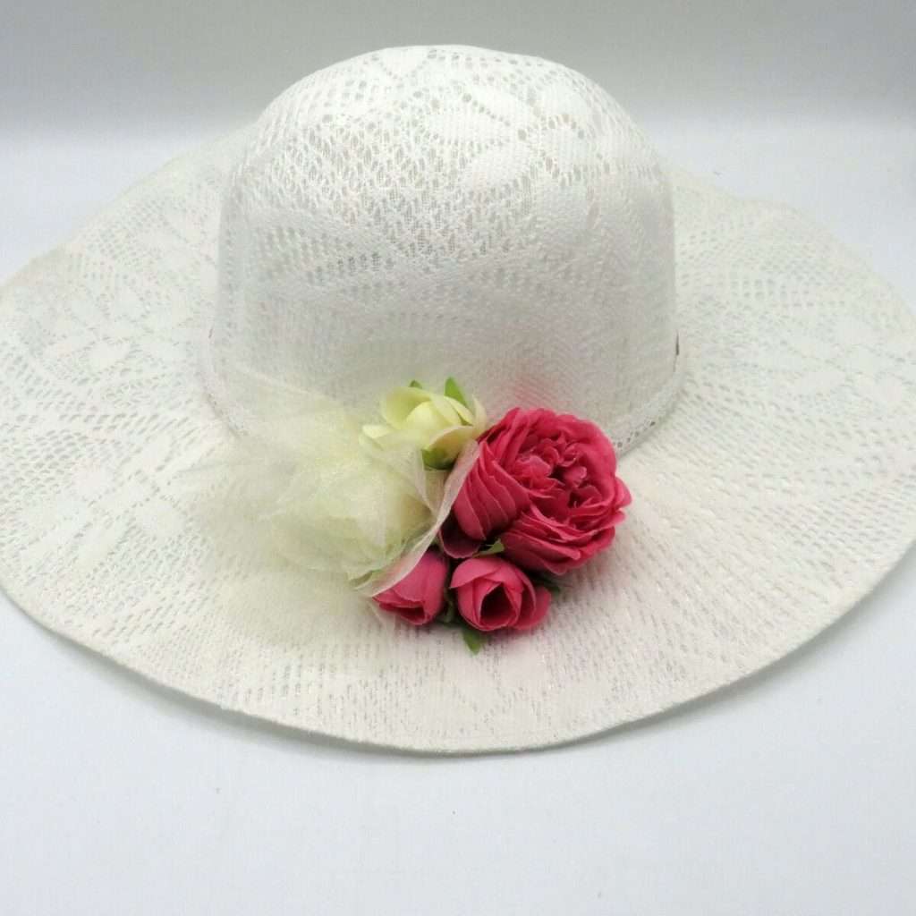 Palarie pentru dezgatitul miresei, alba cu flori de matase roz ...