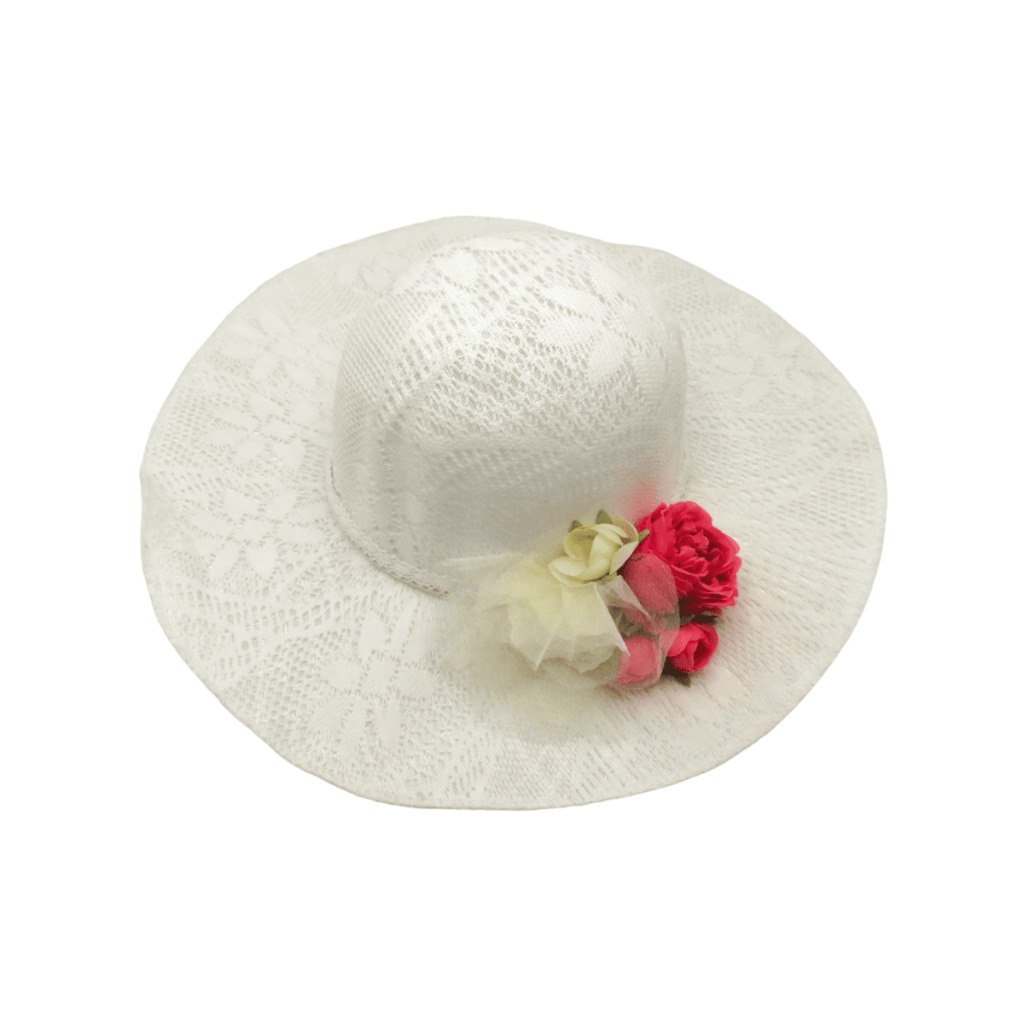 Palarie pentru dezgatitul miresei, alba cu flori de matase roz ...