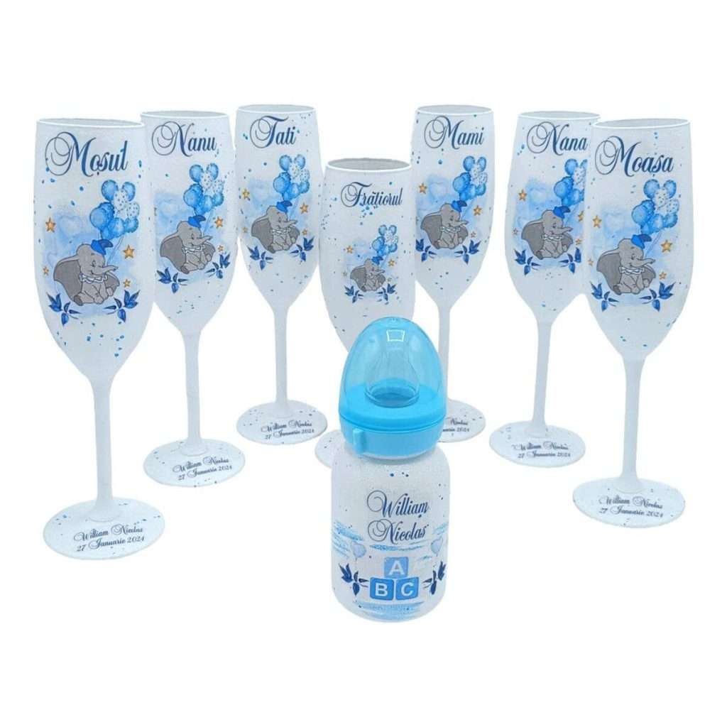 Set 8 pahare botez - Parinti, Nasi, Mosi, Fratior & Biberon, model ...