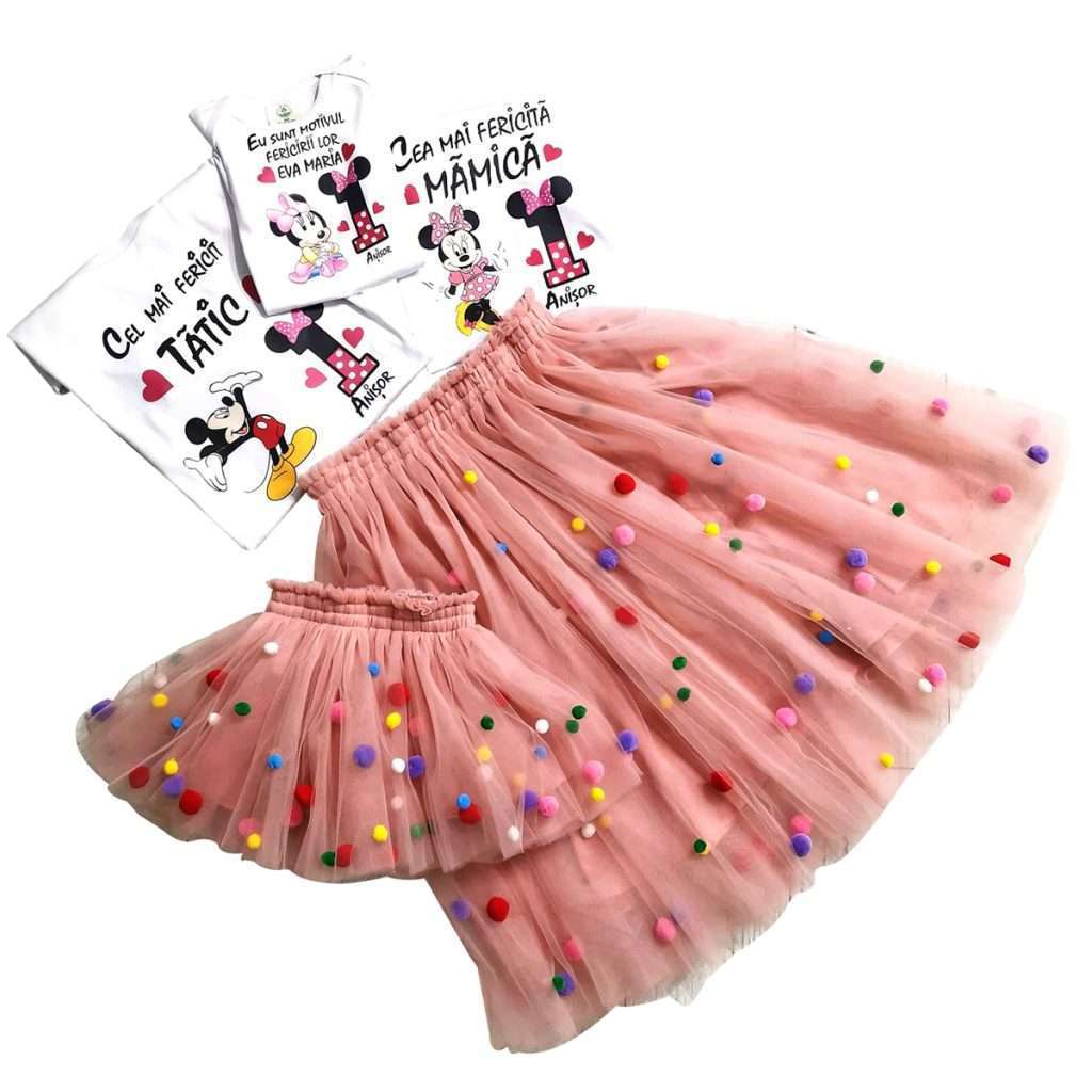 Set ie brodata si fusta din tulle cu bumbac roz cu buline, pentru copii ...